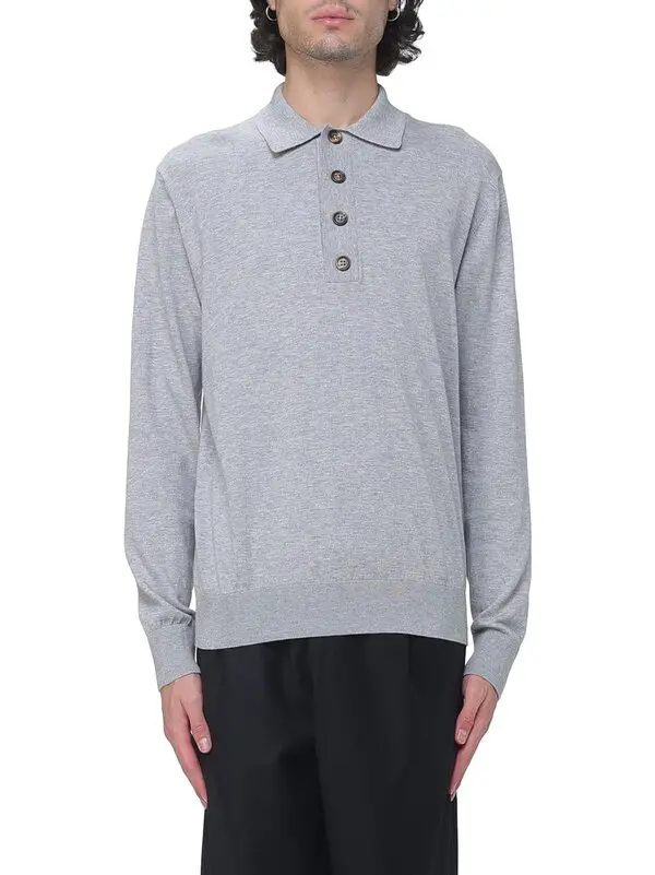 Eleventy Long-sleeved Knit Polo Shirt In Cashmere And Cotton Blend - Grey