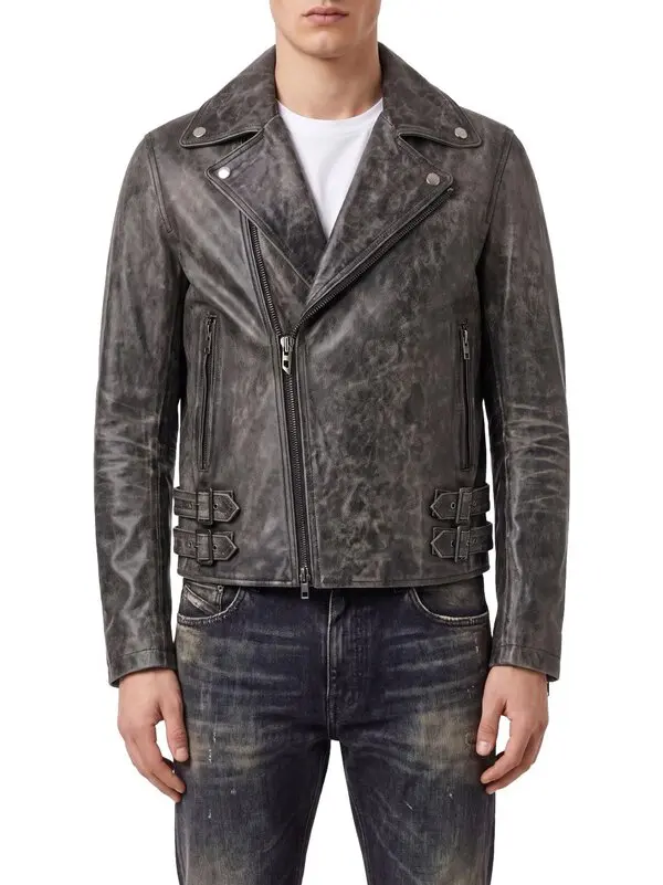 DIESEL® Distressed-effect Leather Biker Jacket With Buckle Detail - Grey