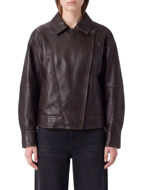 Liu Jo Faux Leather Jacket With High Neck And Asymmetrical Closure - Brown