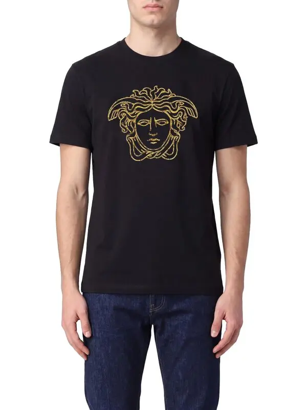 Versace Slim Fit Cotton T-shirt With Medusa Graphic Print - Black