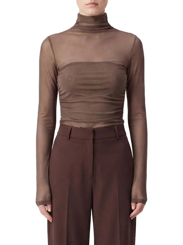 LEMAIRE Sheer Tulle Turtleneck Top With Tie Fastening - Cocoa