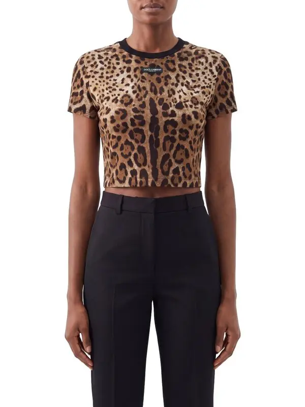 Dolce & Gabbana Animalier Print Cropped Cotton T-shirt With Logo - Savannah