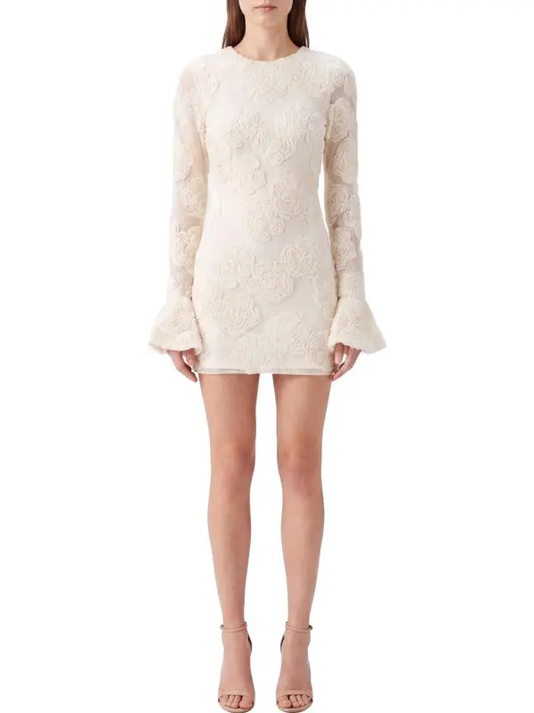 ROTATE BY BIRGER CHRISTENSEN Floral Print Mesh Long-sleeved Mini Sheath Dress With Flared Cuffs - White