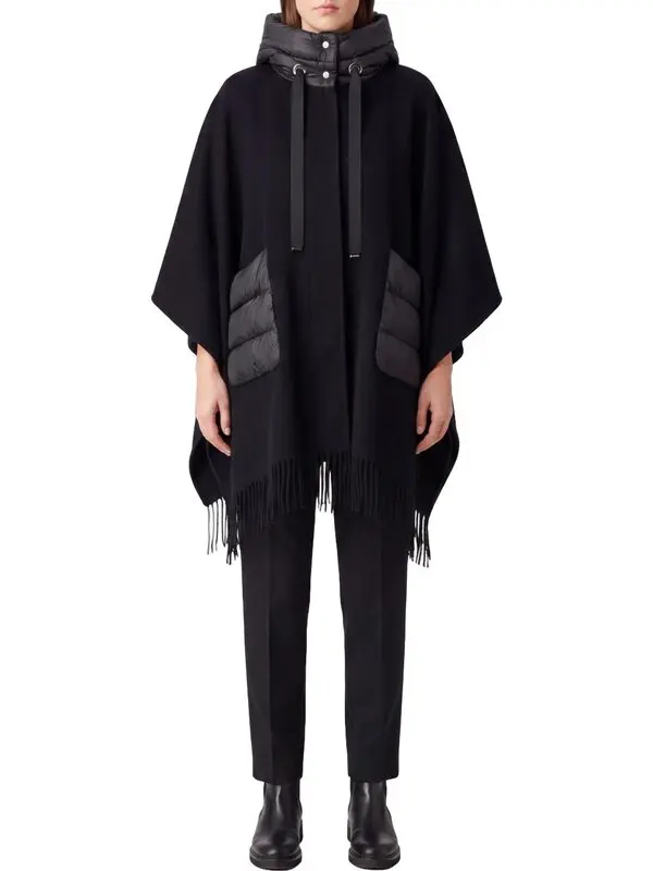 Herno Wool And Cashmere Cape With Quilted Inserts And Fringes - Black