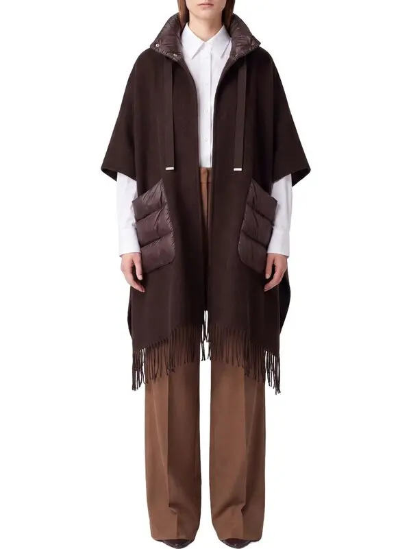 Herno Wool And Cashmere Cape With Quilted Inserts And Fringes - Brown