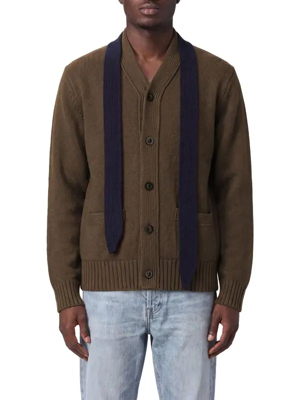 Sacai Pure Wool Cardigan With Scarf Neck And Patch Pockets - Brown