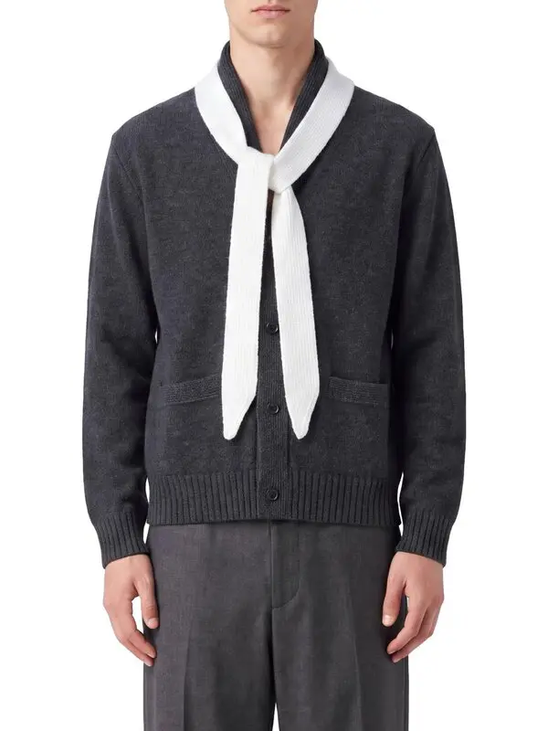 Sacai Pure Wool Cardigan With Scarf Neck And Patch Pockets - Grey