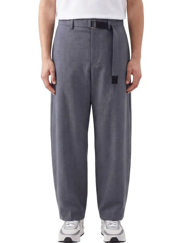 Sacai Wide-leg Wool Blend Trousers With Adjustable Belt - Grey