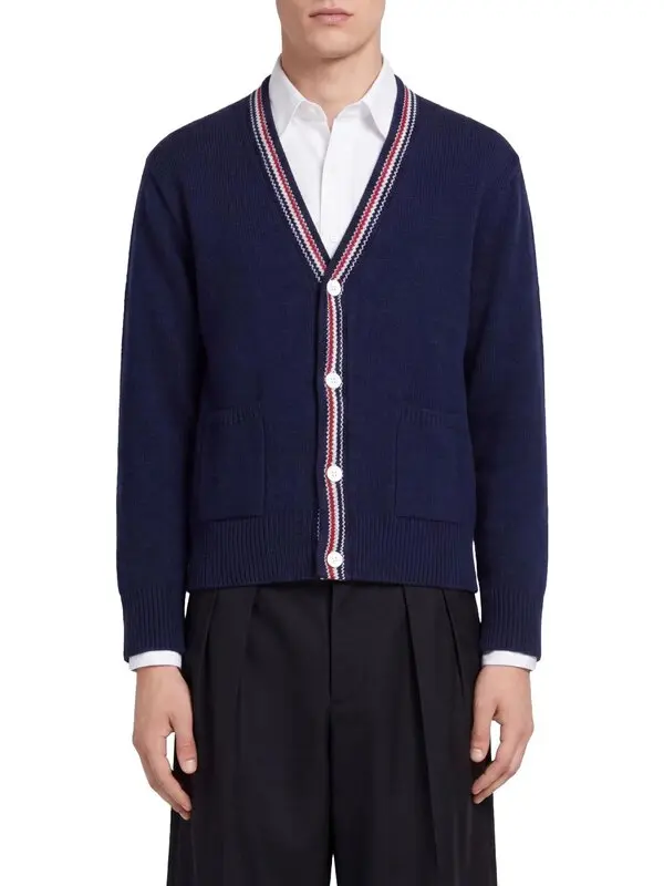 Thom Browne Slim Fit Wool And Mohair Cardigan With Fauna Print - Blue