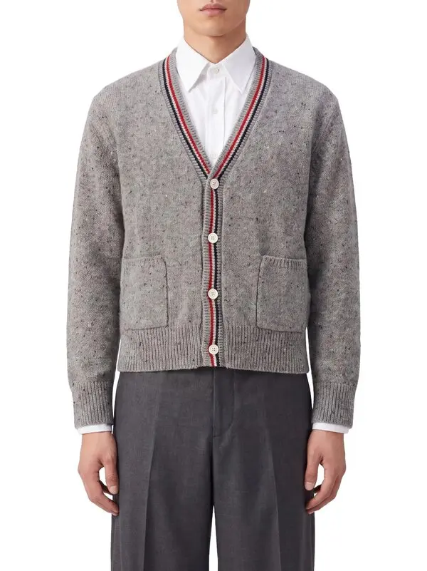 Thom Browne Slim Fit Wool And Mohair Cardigan With Fauna Print - Grey