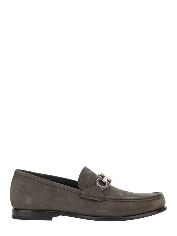 FERRAGAMO Nubuck Leather Penny Loafers With Metallic Gancini Logo - Grey