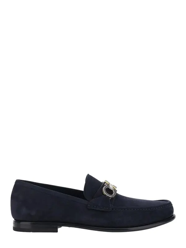 FERRAGAMO Gancini Detail Nubuck Leather Penny Loafers - Blue