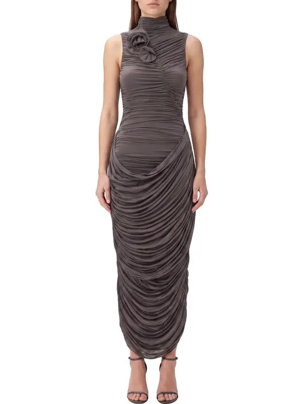 Magda Butrym Off-the-shoulder Ruched Jersey Sheath Midi Dress With Flower - Brown