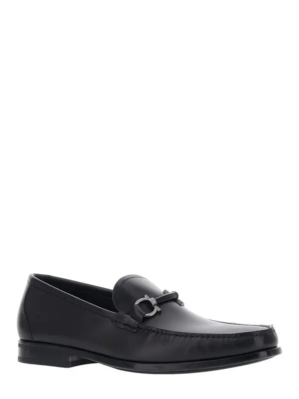 FERRAGAMO Gancini Detail Calfskin Loafers - Black