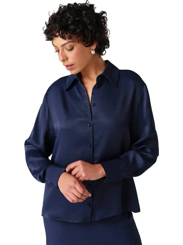GHOST LONDON Esther Collared Satin Shirt - Navy