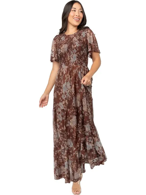 XH TEXTILES Adelaide Floral Mesh Maxi Dress - Brown Multi