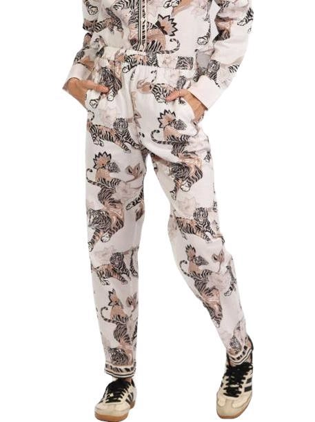 Las Surenas Lotus Tiger Print Cotton Linen Trousers - Ecru
