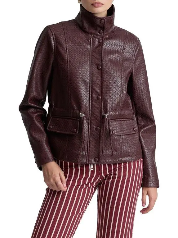 Avec Les Filles Woven Faux Leather Jacket With Stand Collar And Utility Pockets - Burgundy