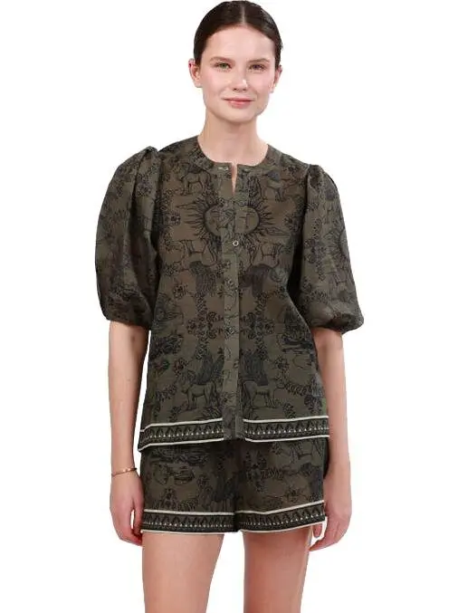 Las Surenas Balloon Sleeve Printed Shirt - Green
