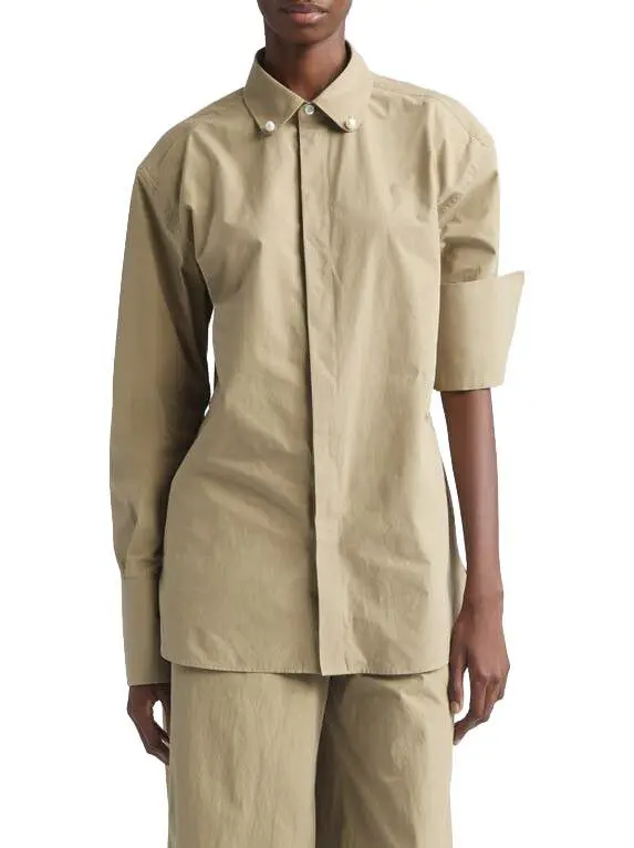 NACKIYE Asymmetric Cotton Shirt With Faux Pearl Collar Detail - Sand