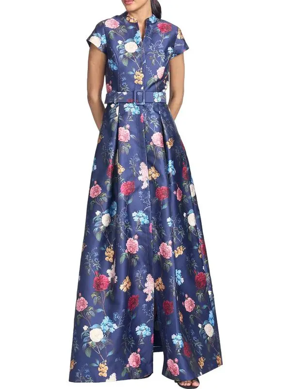 Sachin & Babi Marta Floral Belted Gown - Midnight Magic Garden