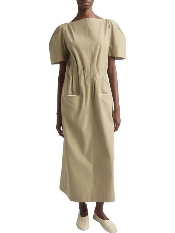 NACKIYE Cotton Poplin Midi Dress With Puff Sleeves - Sand