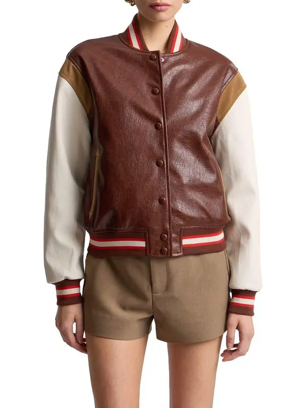 Avec Les Filles Faux Leather Varsity Bomber Jacket - Varsity Red Multi