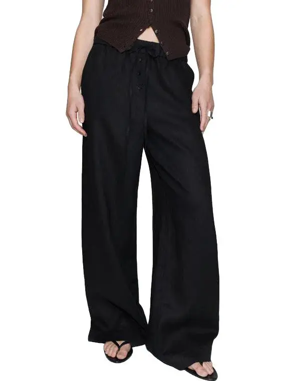 Mango Wide Leg Linen Pants With Button Detail - Black