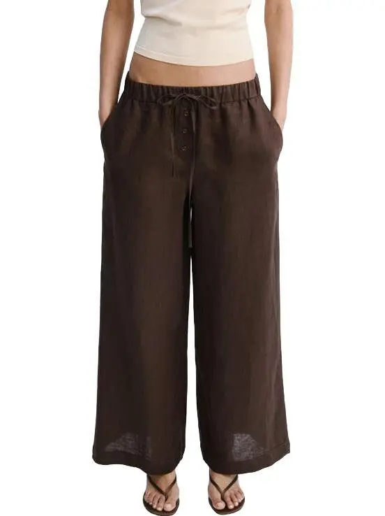 Mango Wide Leg Button Detail Linen Pants - Chocolate
