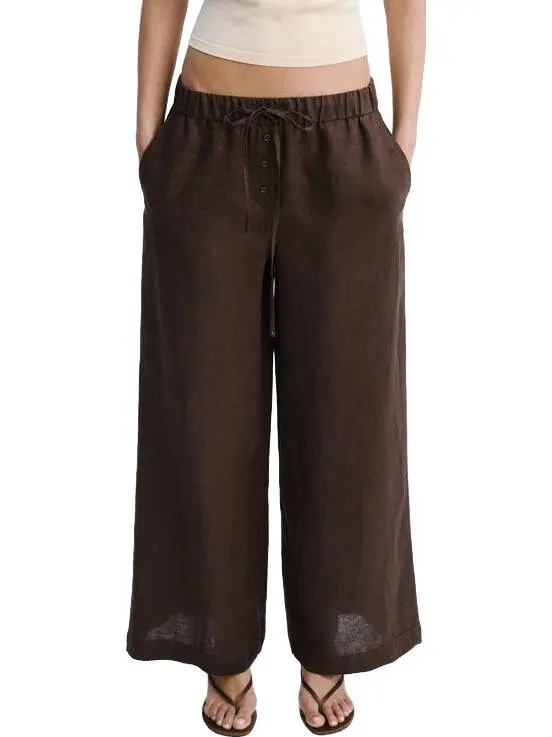 Mango Wide Leg Linen Pants With Button Detail - Chocolate