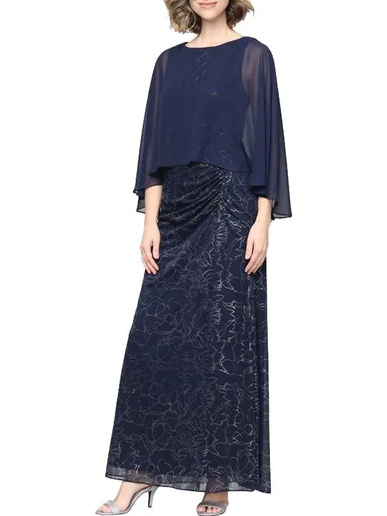 SL FASHIONS Cape Sleeve Floral Glitter Mesh Gown - Navy/silver