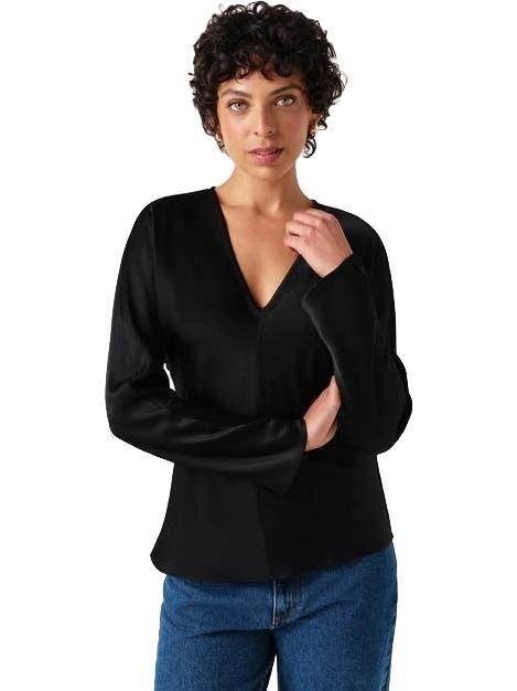 GHOST LONDON Lucille Long Sleeve Satin Top - Black