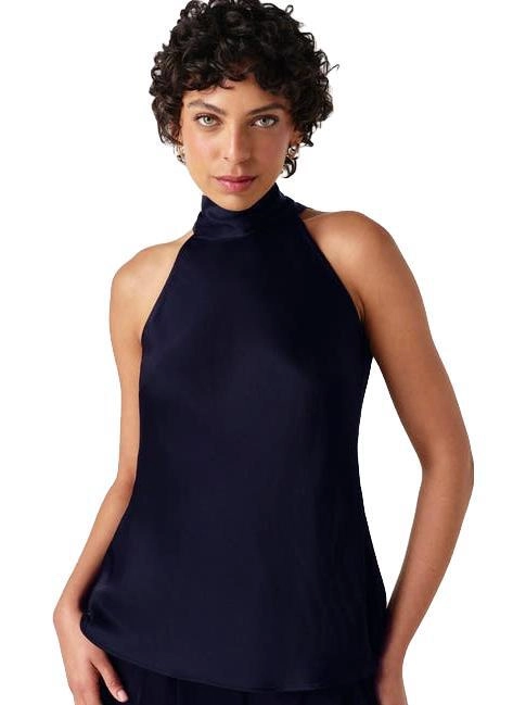 GHOST LONDON Reese High Neck Satin Top - Navy