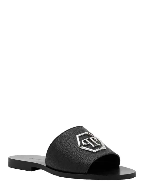 Philipp Plein Leather Slide Sandals With Metal Hexagon Logo - Black