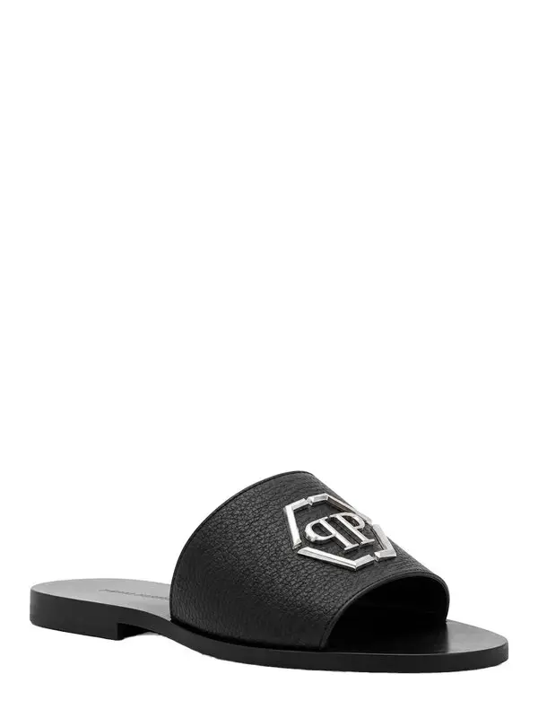 Philipp Plein Leather Slide Sandals With Metal Hexagon Logo - Black