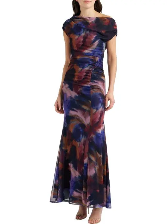 Vince Camuto Asymmetric Ruched Mesh Gown - Navy Multi