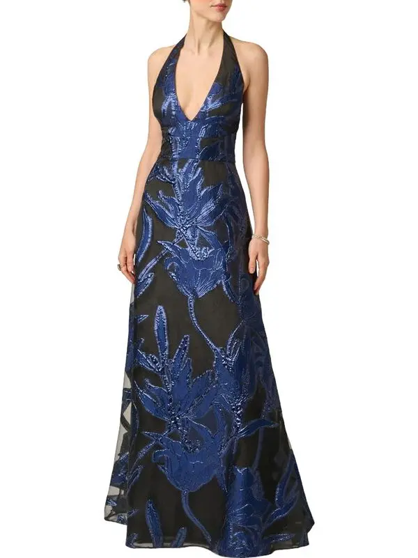Aidan Mattox Halter Organza Jacquard Gown - Navy/black