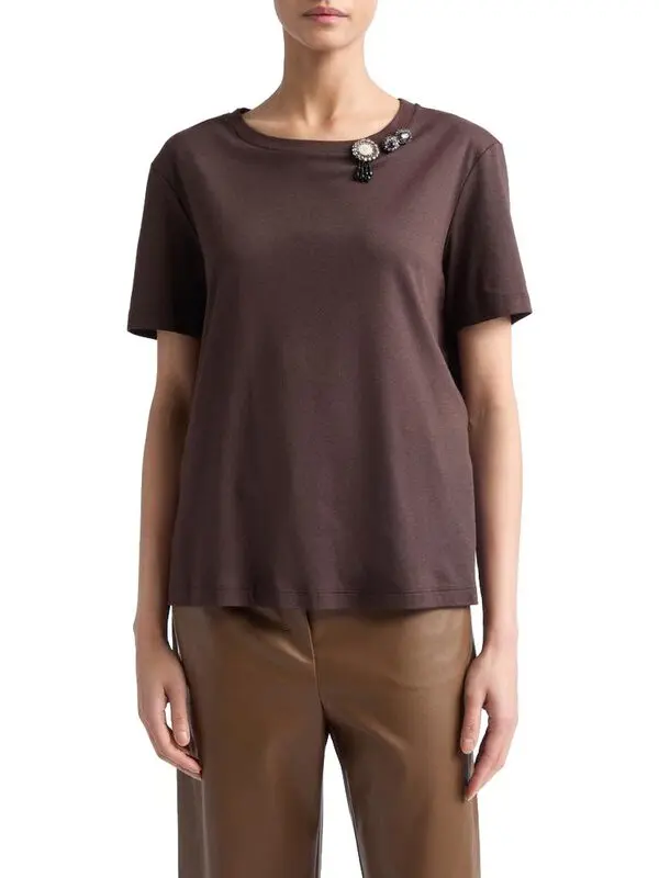 Max Mara Mitico Embellished Cotton & Modal T-shirt - Brown