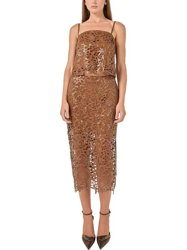 Endless Rose Sequin Floral Lace Midi Skirt - Dark Brown