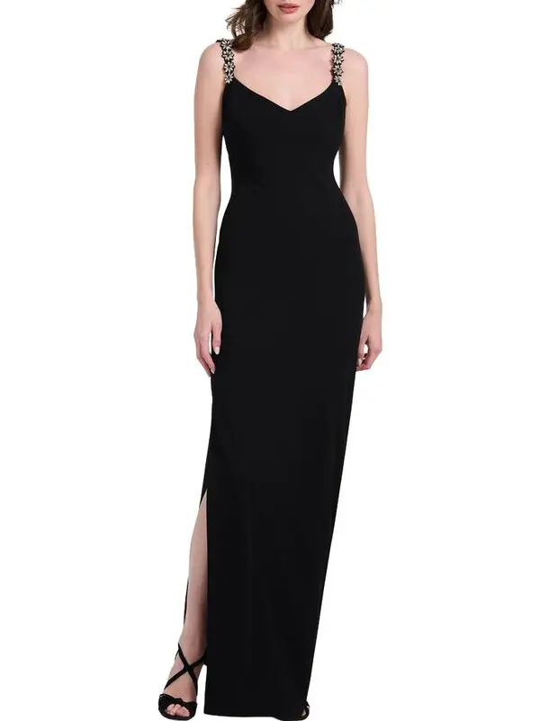 EMILY SHALANT Crystal Flower Strap Stretch Crepe Gown - Black