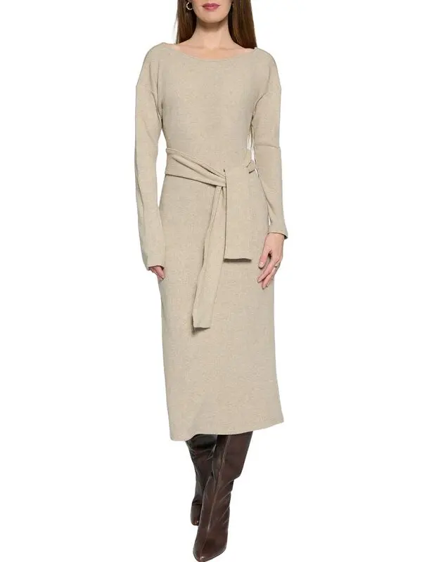 LOST + WANDER Sloane Long Sleeve Sweater Dress With Waist Tie - Grey