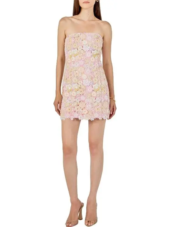 Endless Rose Floral Rhinestone Lace Strapless Minidress - Pink Multi Color
