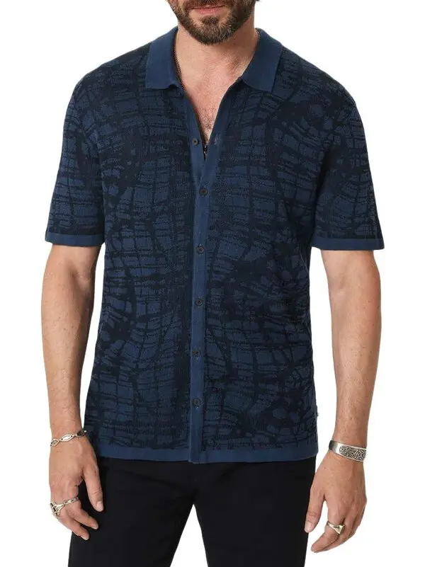 John Varvatos Cayden Jacquard Short Sleeve Full Button Cardigan - Navy
