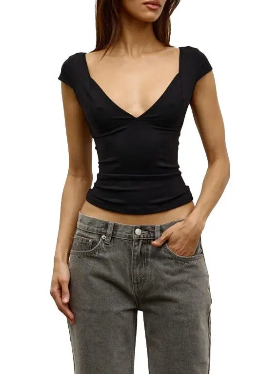 BAYSE Marianna Plunge Neck Cap Sleeve Top - Black