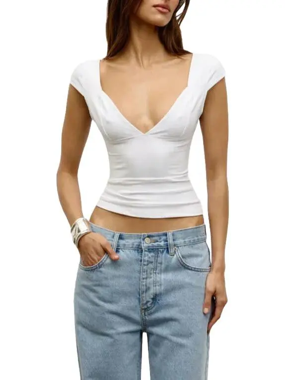 BAYSE Marianna Plunge Neck Cap Sleeve Top - White