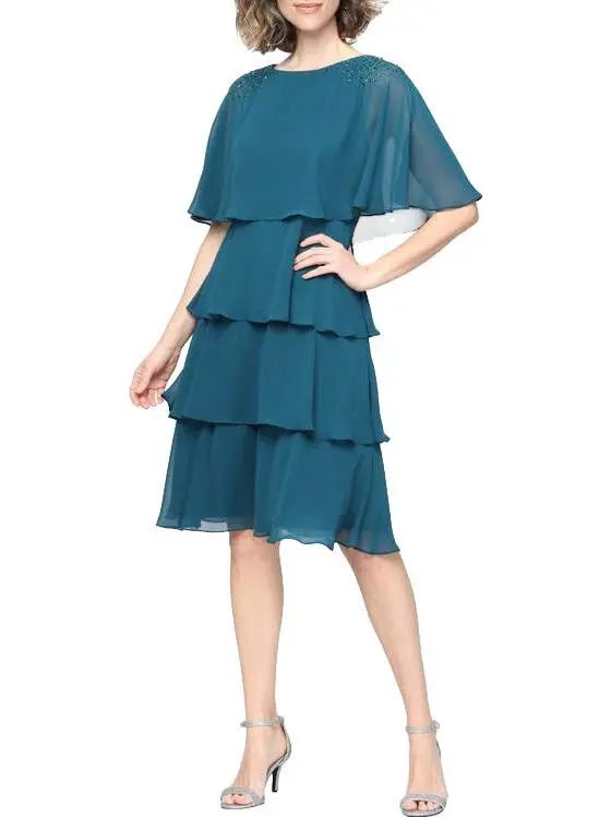 SL FASHIONS Beaded Tiered Chiffon Dress - Mallard