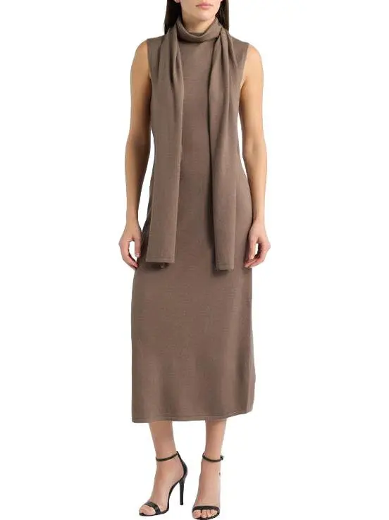 Vince Camuto Sleeveless Mock Neck Sweater Dress With Scarf - Brown
