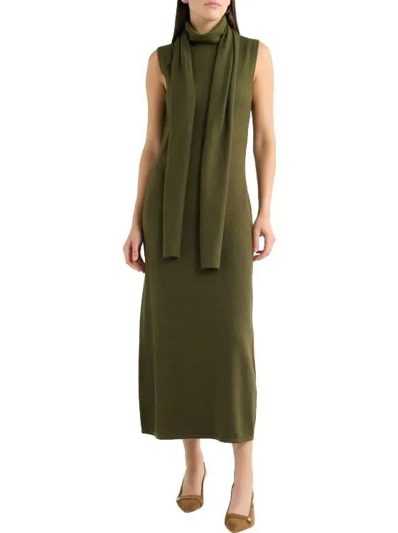Vince Camuto Sleeveless Mock Neck Sweater Dress With Scarf - Olive