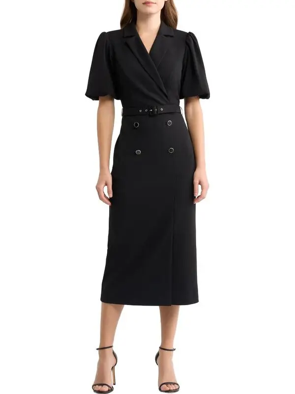 Eliza J Belted Puff Sleeve Midi Dress - Black