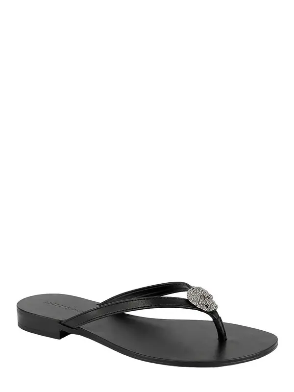 Philipp Plein Nappa Leather Crystal Skull Flip Flop Sandals - Black